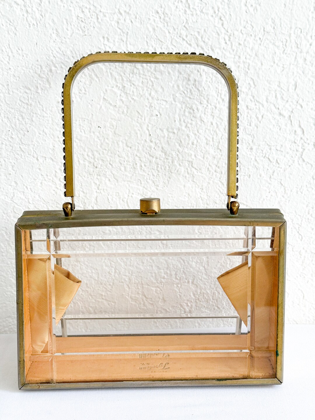 Vtg 1950s Tyrolean NY Lucite & Brass Briefcase Box Handbag, Rhinestone ...