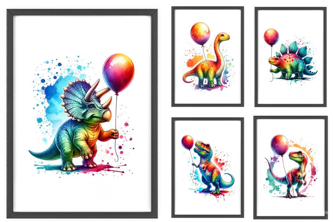 Set of 5 Rainbow Dino Digital Prints - Perfect for the Nursery, Bedroom ...