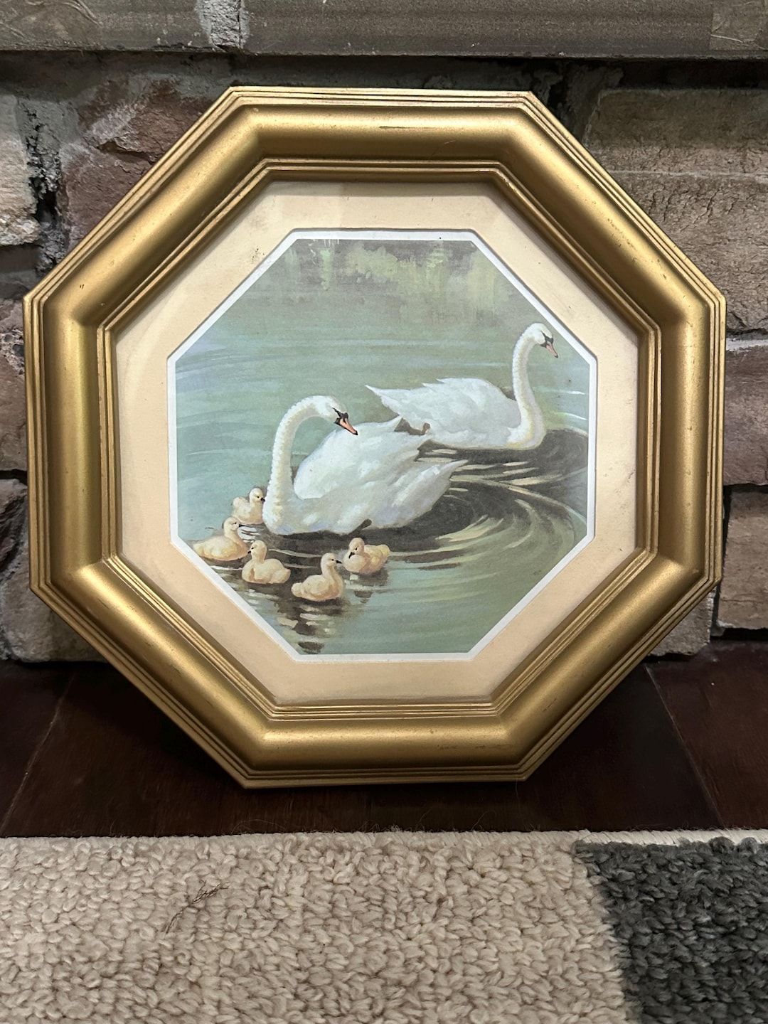 Vintage Mid Century Swan Art in Gold Hexagon Frame - Etsy