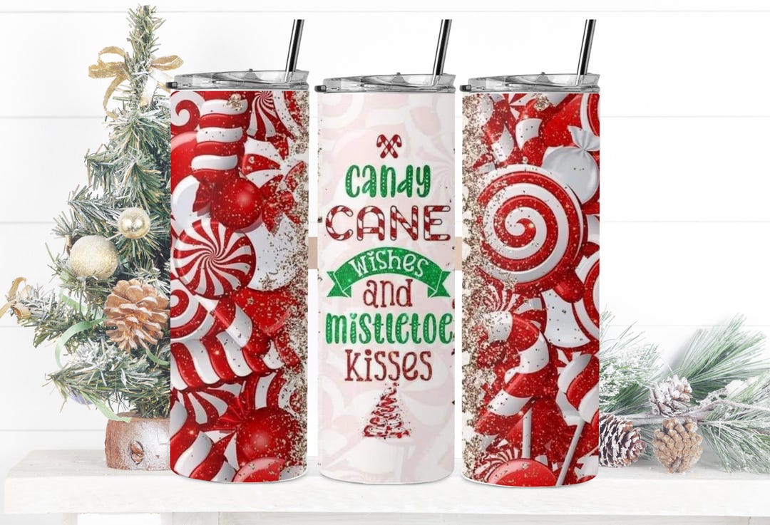 Candy Cane Wishes 20 Oz Skinny Tumbler With Lid and Straw, Stainless ...