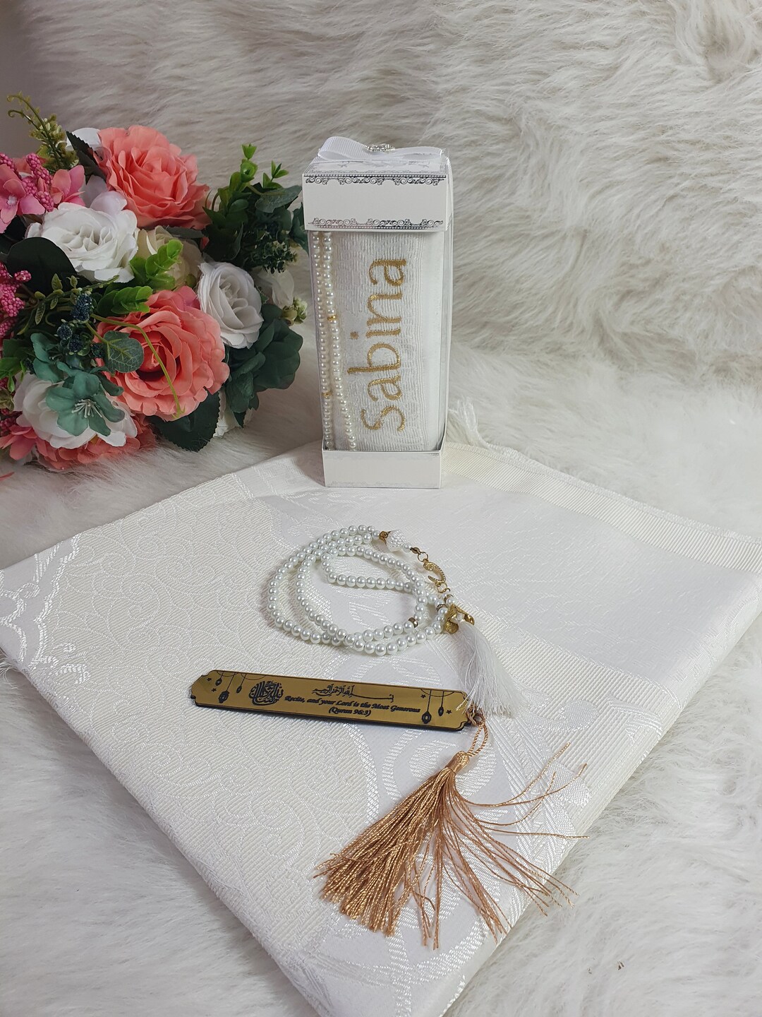 White Prayer Mat Quran Yaseen Gift Set Islamic Prayer Rugs Great ...