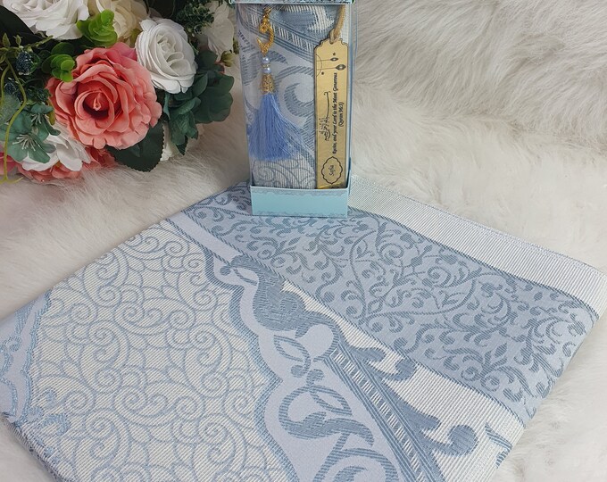 Blue Prayer Mat Quran Yaseen Gift Set - Islamic Prayer Rugs - Great ...