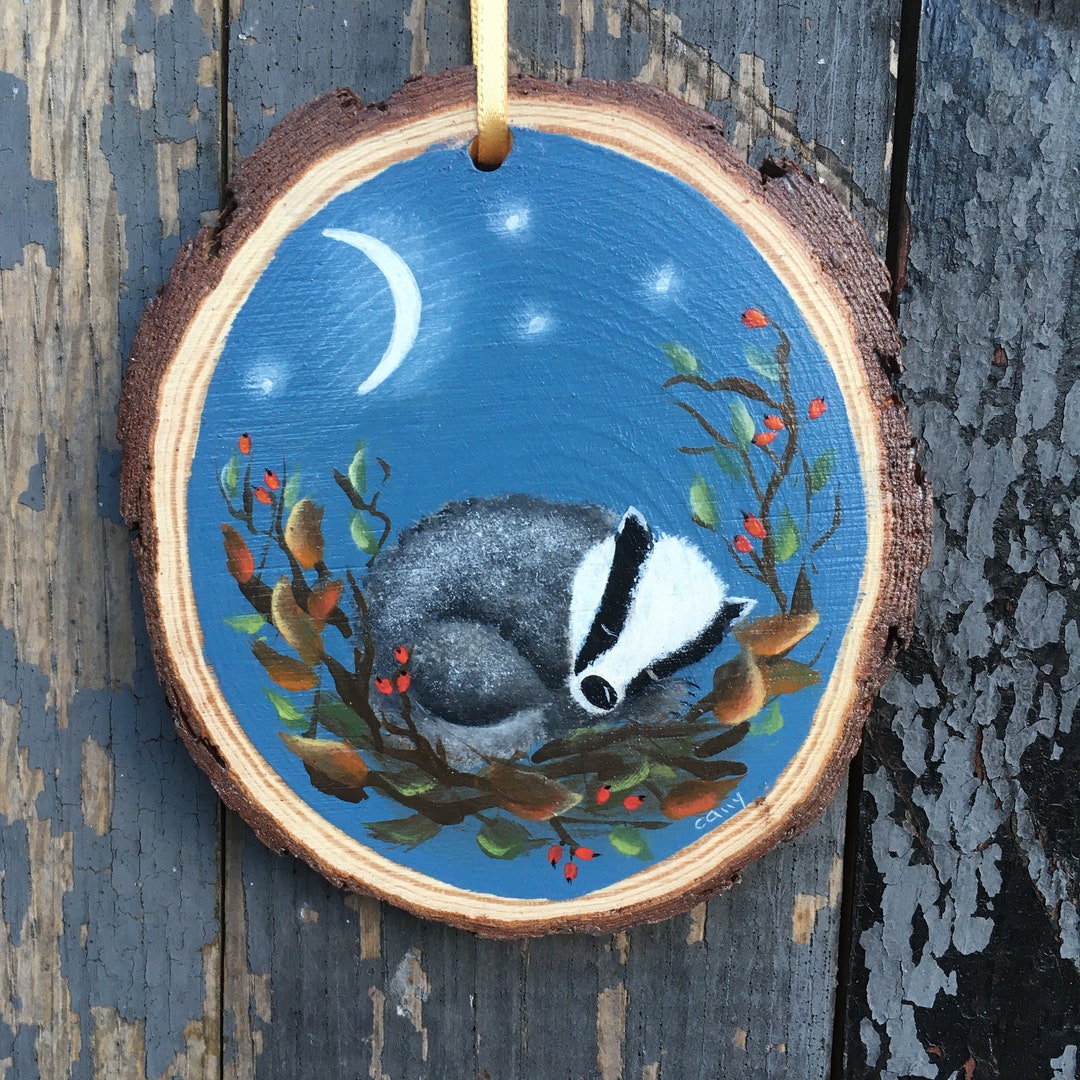 Sleepy Badger Wood Slice Hand Painted Woodland Wildlife Sustainable UK ...