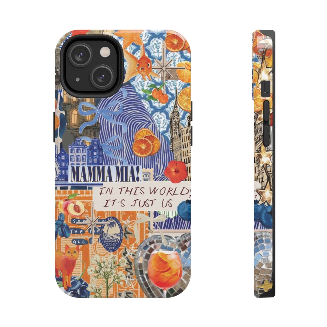 Italian Summer Theme Collage iPhone Case 15 14 13 12 11 Pro Max, Coquette Blue Orange Coastal ...