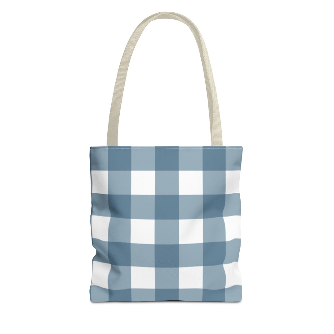 Blue and White Tote Bag, Plaid All Over Print Tote, Plaid Tote Bag ...