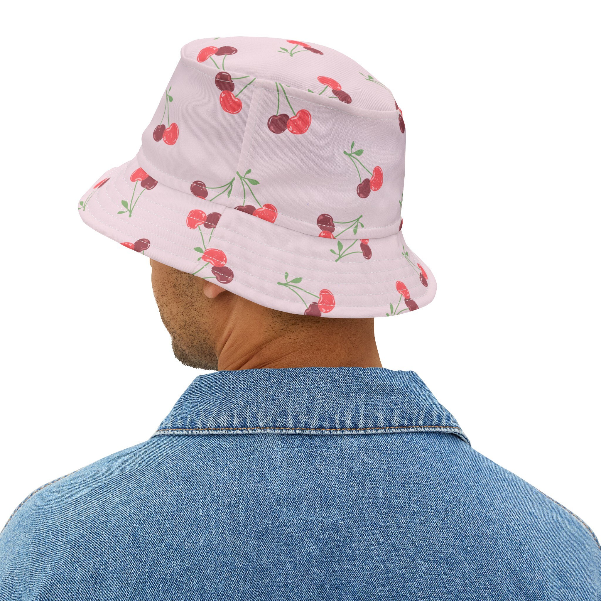 Cherry Bucket Hat, Light Pink With Red Cherries Pattern Bucket Hat ...