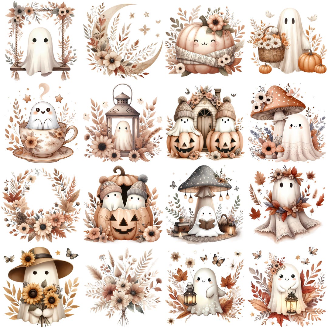 Boho Ghost Clipart Bundle: Watercolor Witch Hat, Pumpkins (digital ...