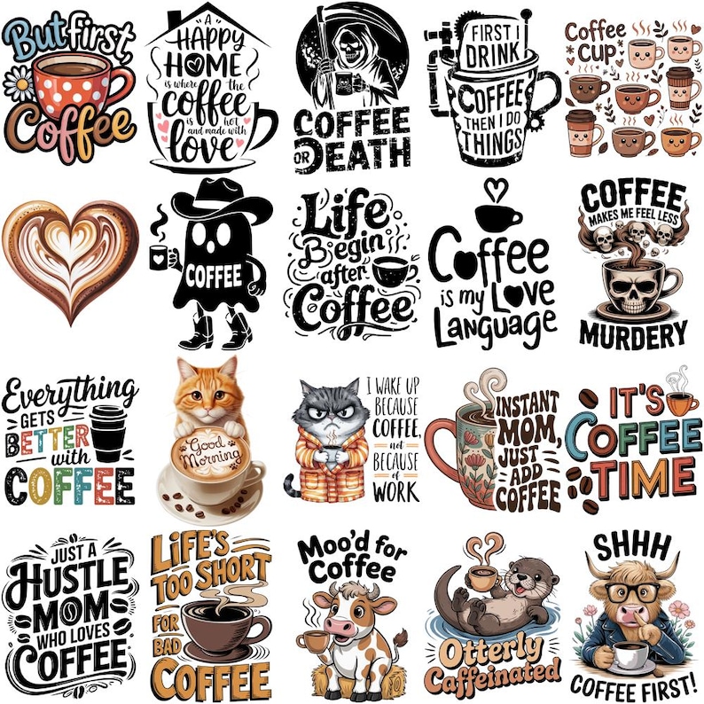 Funny Coffee Quotes PNG Bundle: Caffeine Humor Designs (digital ...