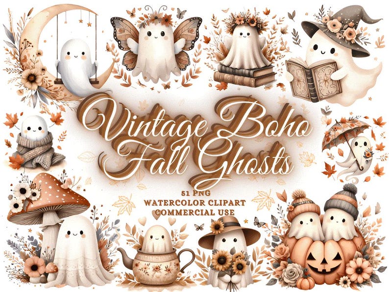 Boho Ghost Clipart Bundle: Watercolor Witch Hat, Pumpkins (digital ...