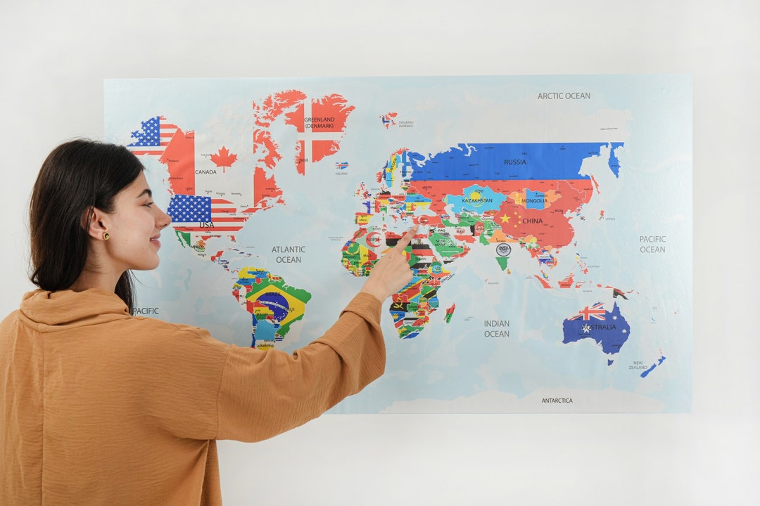 Colorful World Map With Flags - Etsy