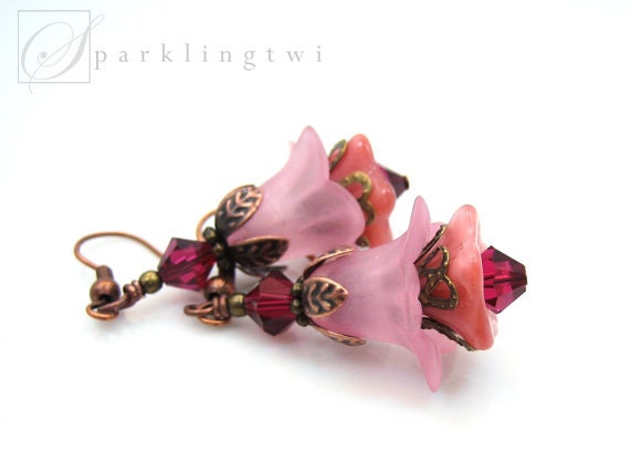 Lucite Earrings Long Drop Earrings Pink Earrings Flower Etsy