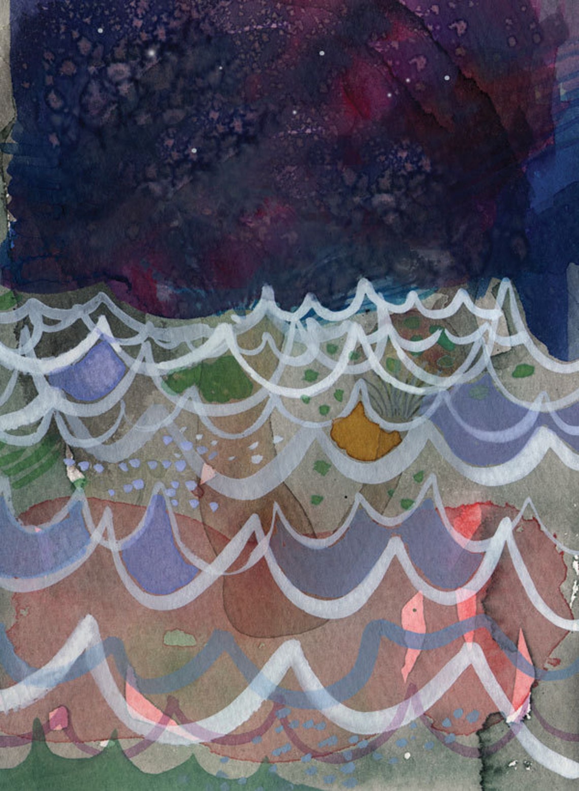 Night Ocean Art Print of Original Watercolor and Gouache - Etsy