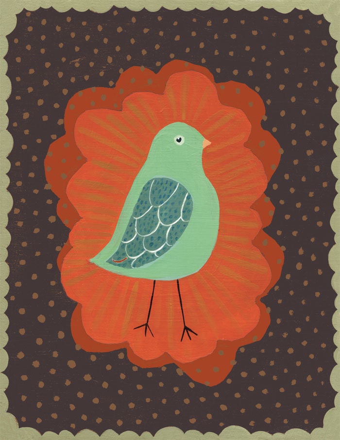 Little Mint Green Bird Art Print on Brown - Etsy
