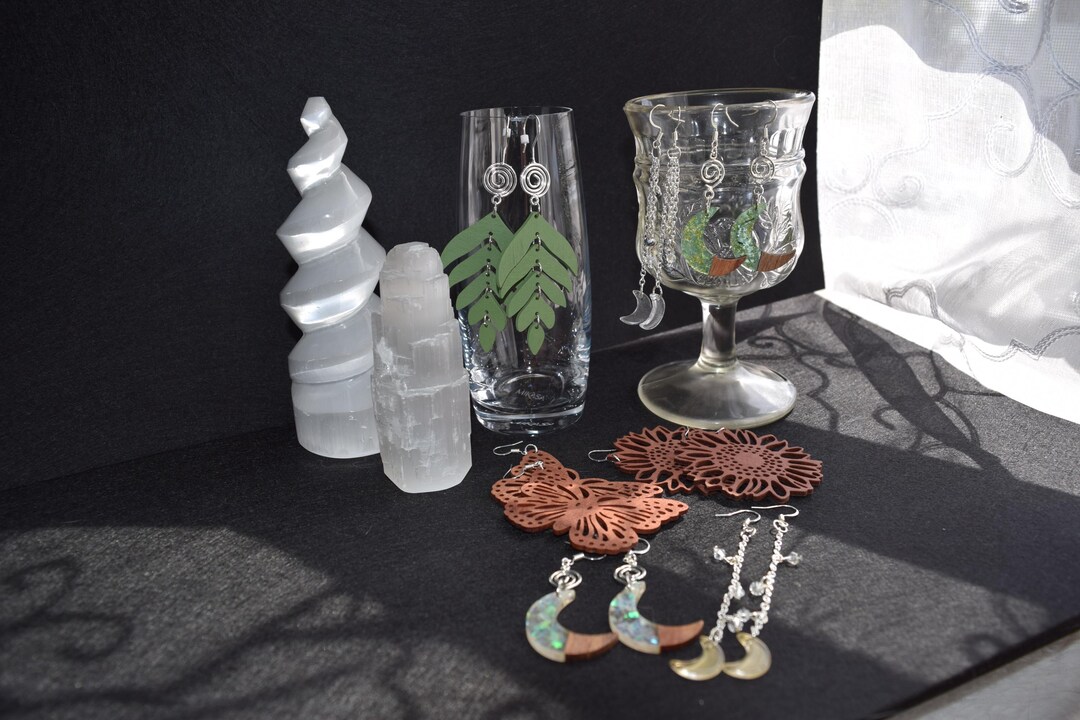 Floral Moon Earrings: Laser Cut Wood, Silver Plated - Etsy