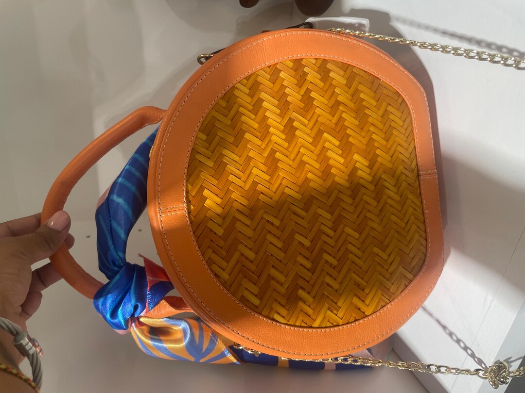 Orange Omara Circular Prism Purse With Hand Stained Orange Woven Bamboo ...