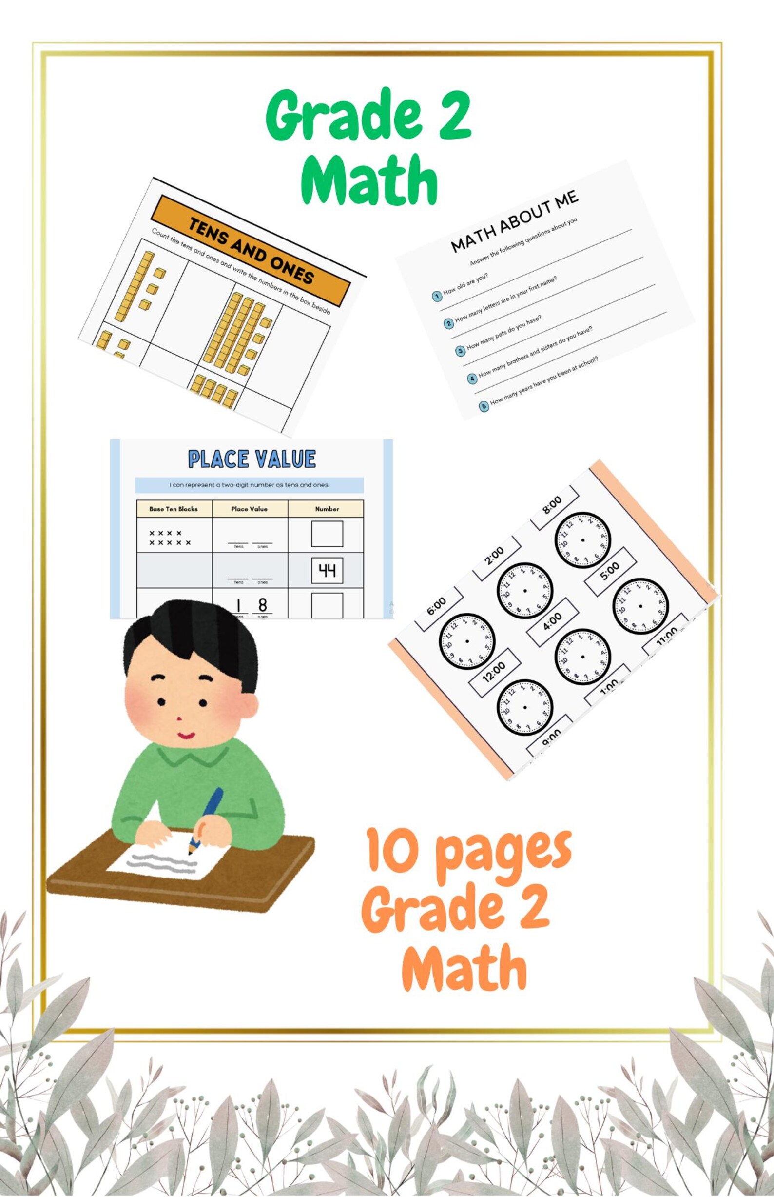 Grade 2 Math Worksheets: Place Value & Telling Time (digital Download ...