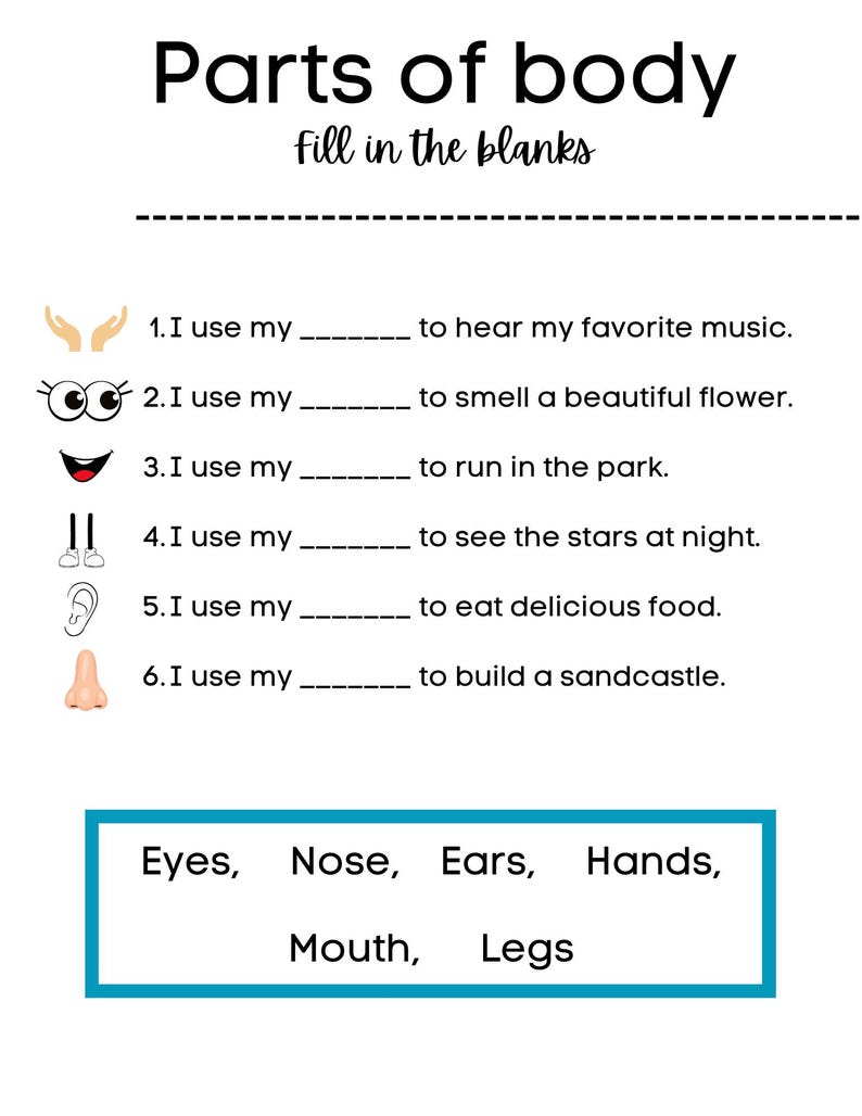Grade 1: Body Parts Printable Worksheets for Kids - Etsy