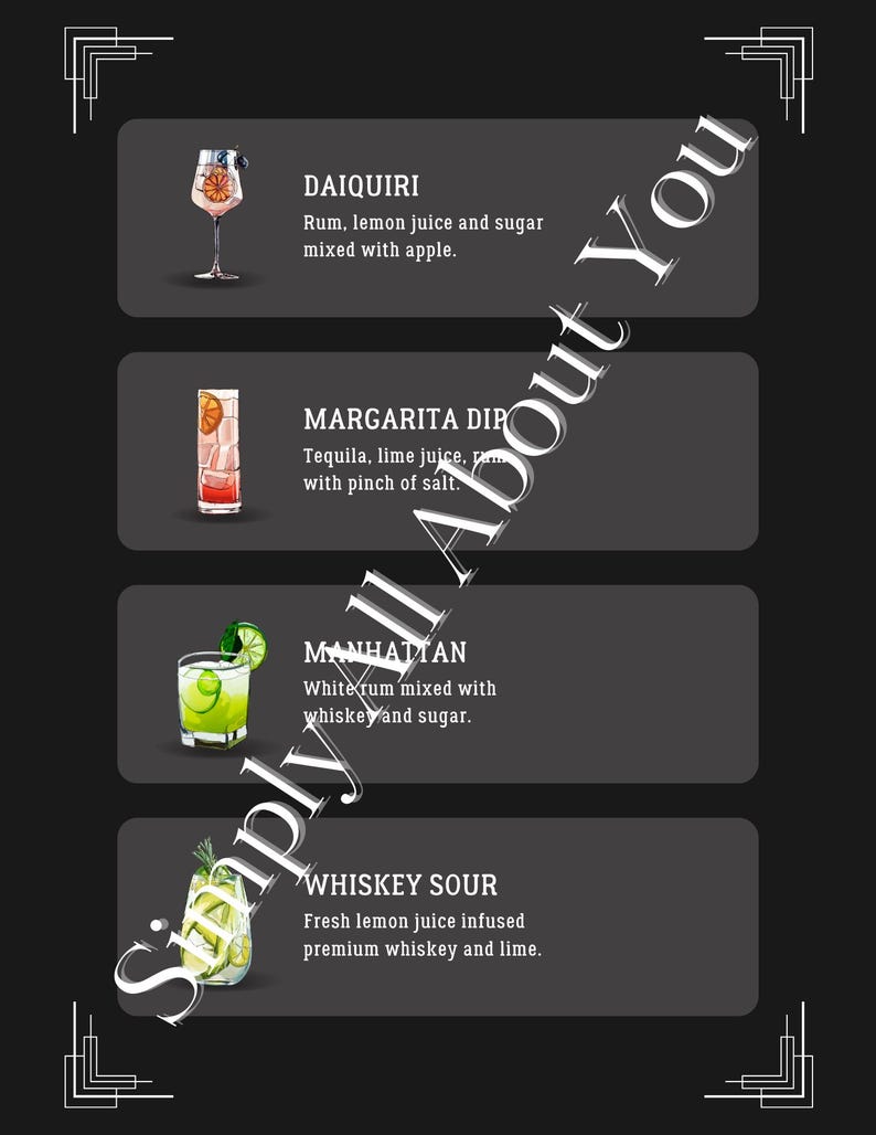 Cocktail Drinks Menu for Weddings Parties Events Personalized - Etsy