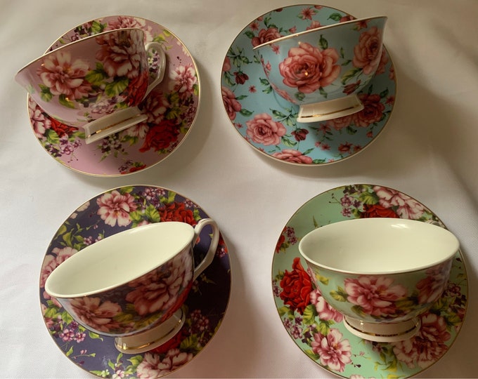 Brew to a T Tea Cup Saucer Floral Design Tea Cup 4 Oz Saucer 6 7/8 Set ...