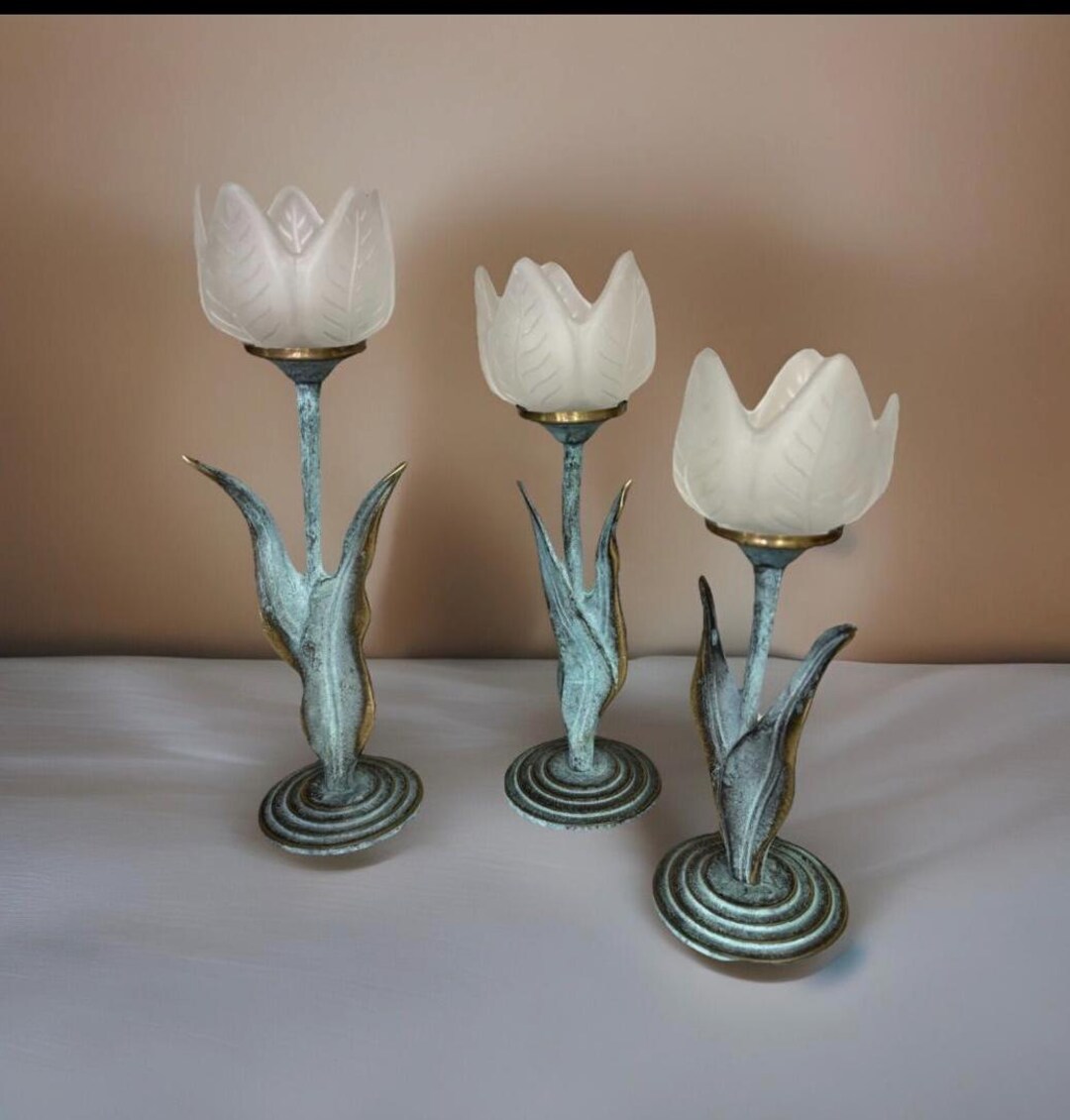 Vintage MCM Flower Stem Brass Patina Tulip Candle Holder Set Table ...