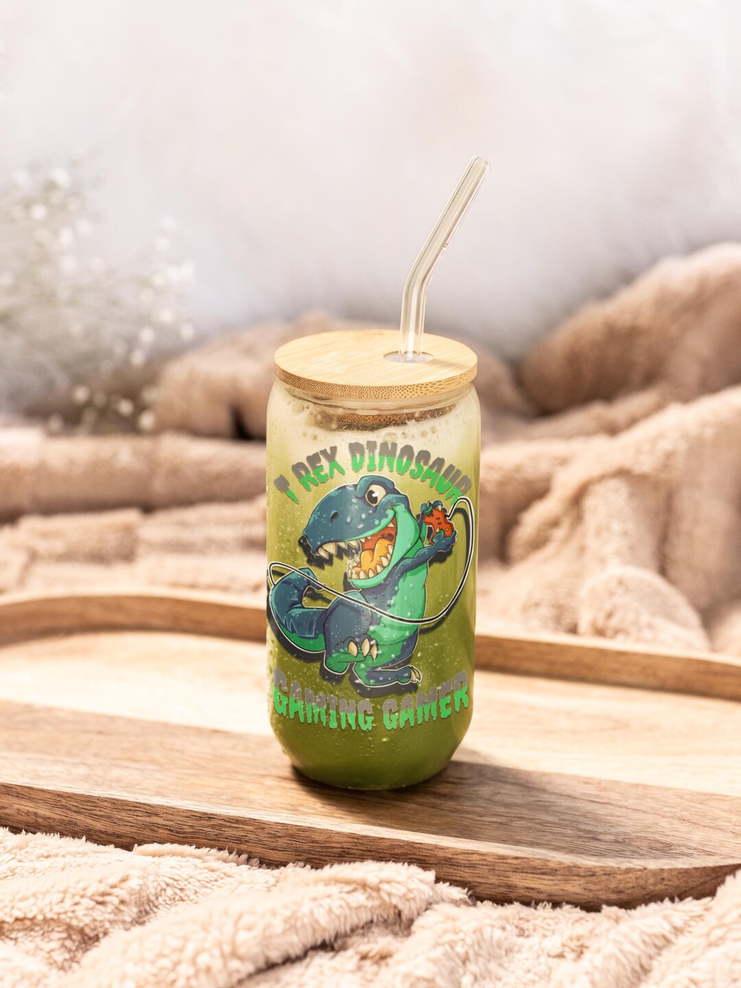 T Rex Dinosaur Sipper Glass 16oz, Gaming Gamer Sipper Glass, Dinosaur ...