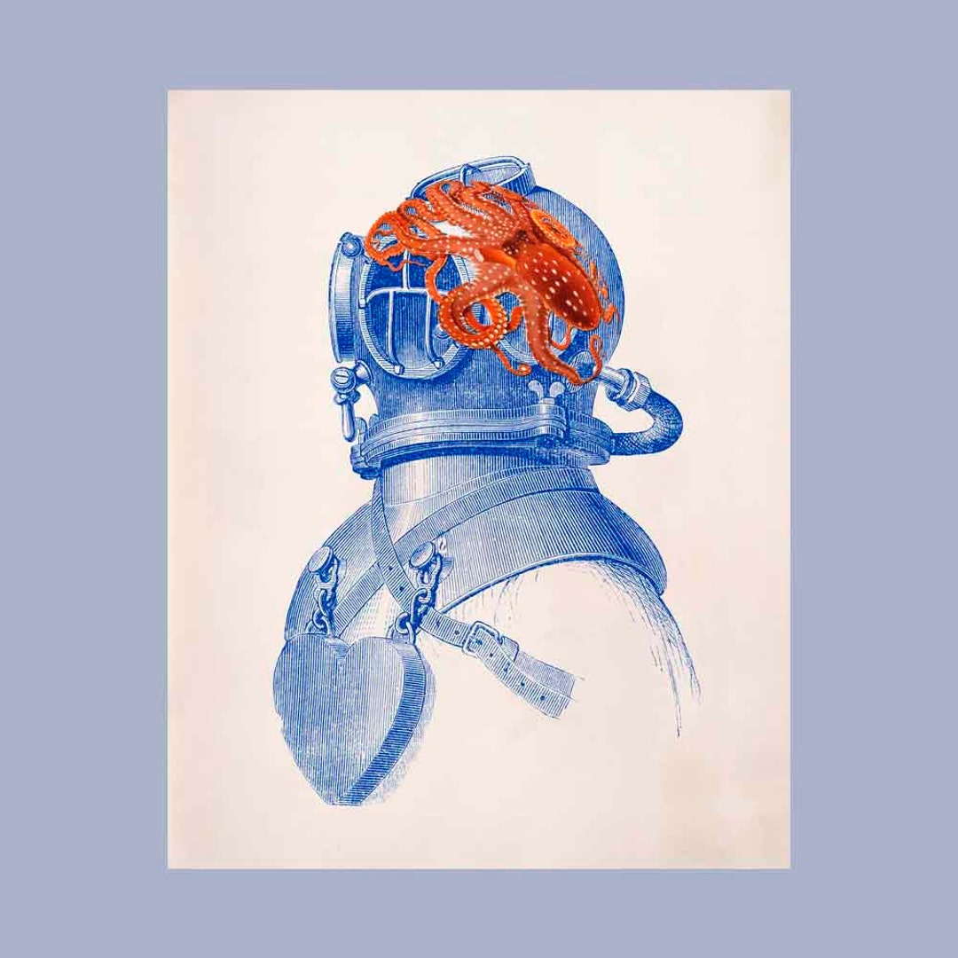 Octopus Diver Helmet Print, Vintage Images Scuba Diving Helmet and ...