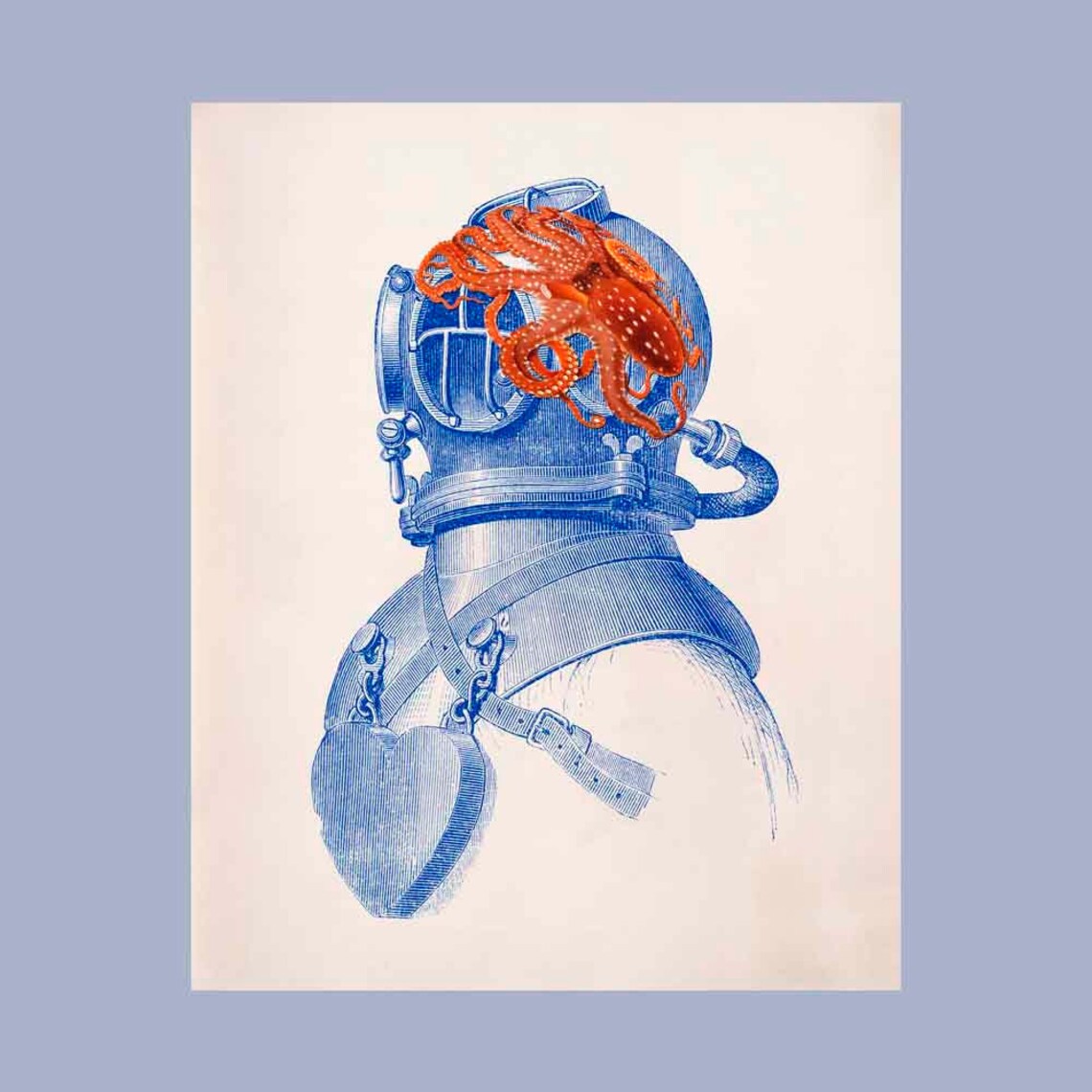 Octopus Diver Helmet Print, Vintage Images Scuba Diving Helmet and ...