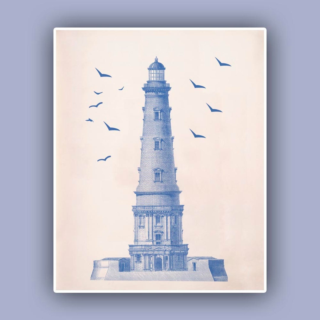 Ocean Blue Lighthouse Print, Vintage Image Print, Blue Print, Marine ...