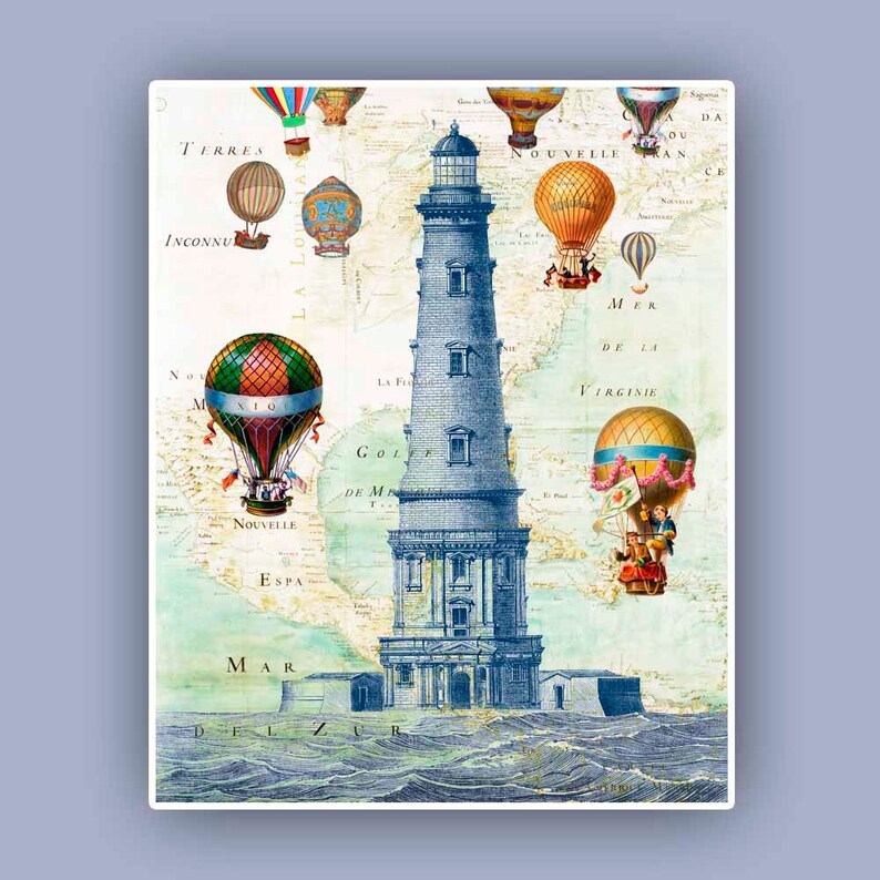 Ballooning at the Lighthouse Print, Fantasy Collage Vintage Images, Old ...