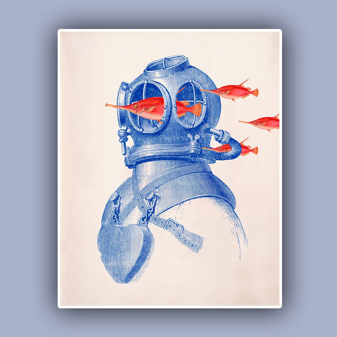 Fishes Diver Helmet Print, Vintage Images Scuba Diving Helmet and Fish ...