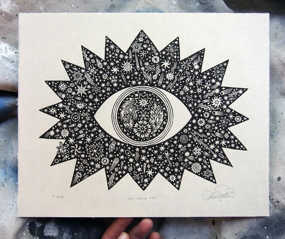 ALL SEEING EYE B&W Woodcut Print Woodblock Print by Tugboat - Etsy