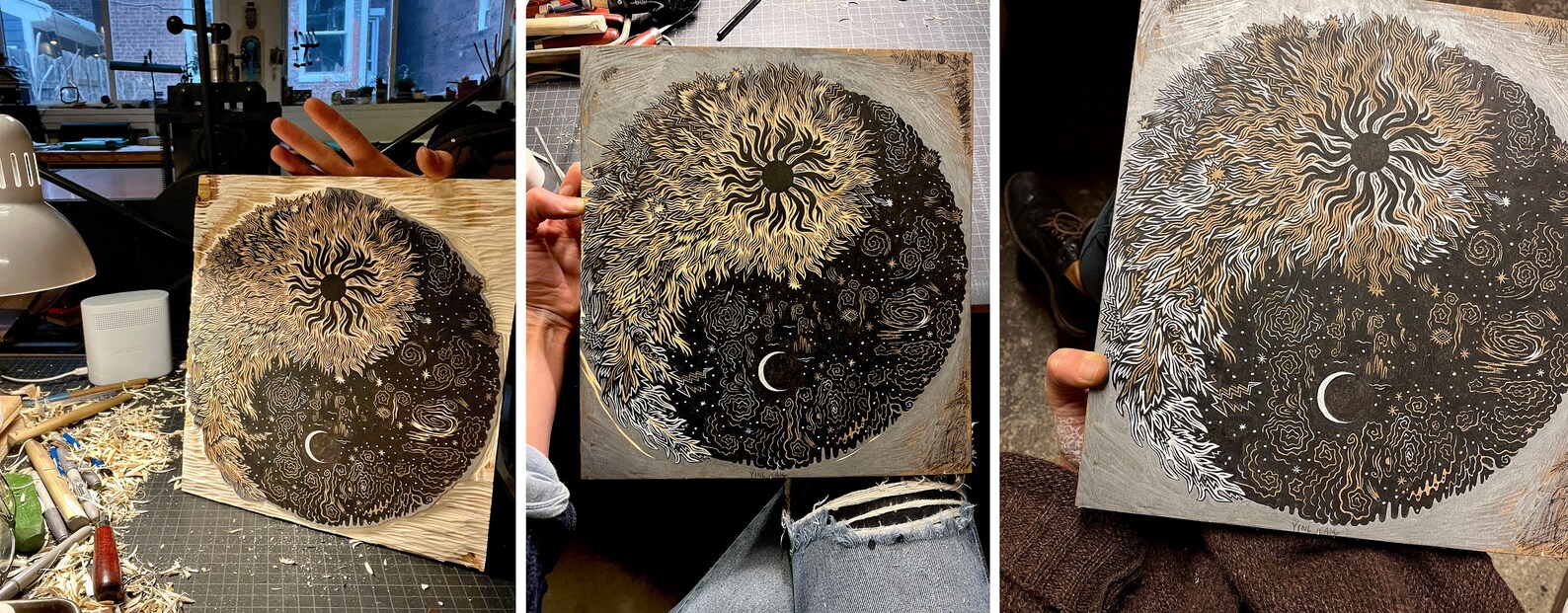 YIN-YANG - B&W Woodcut Print, Woodblock Print by Tugboat Printshop ...