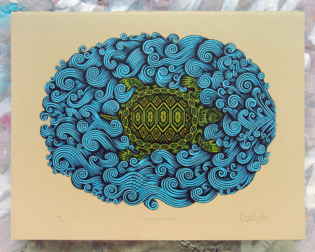 STEADFAST TURTLE - Color Woodcut Print, Woodblock Print by Tugboat ...