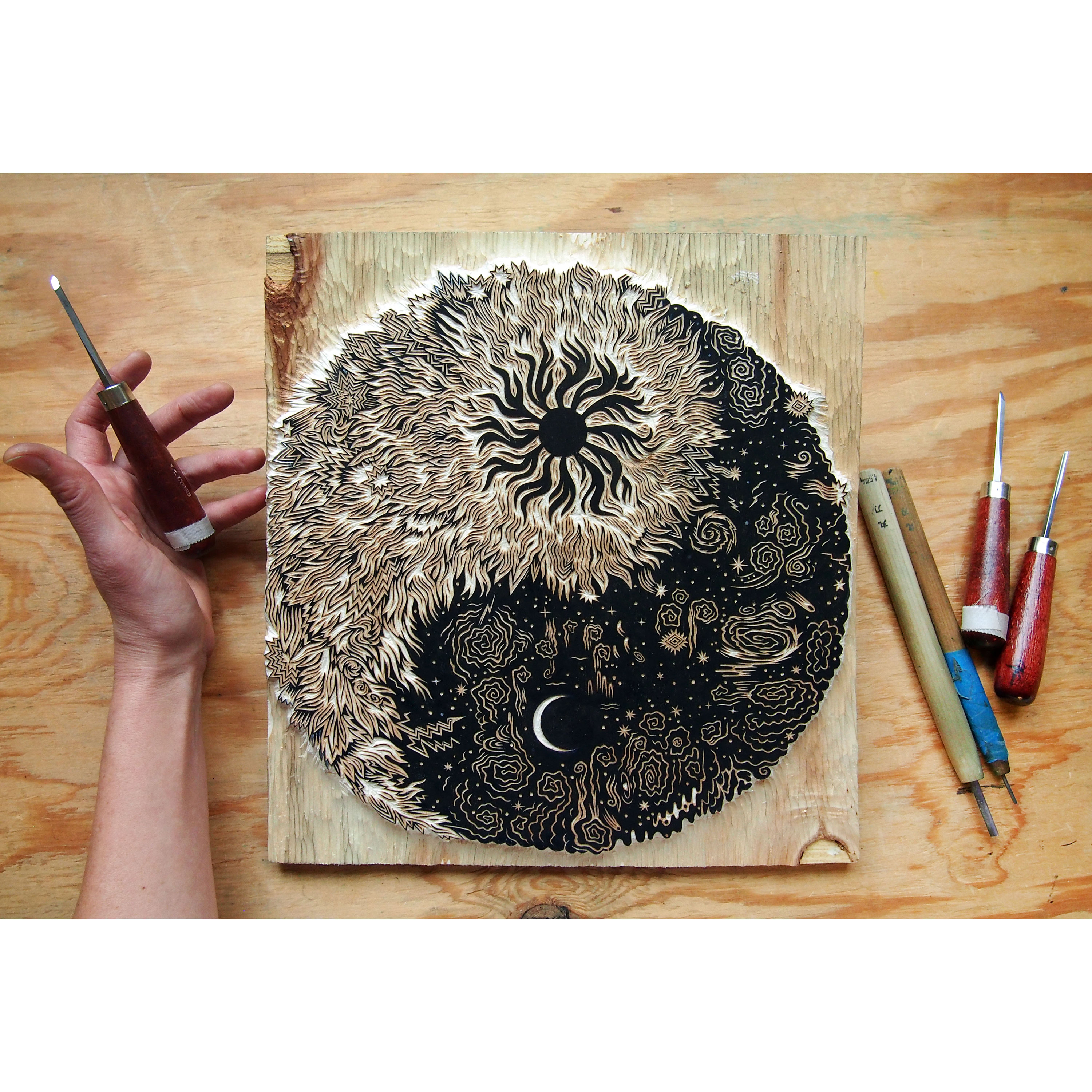YIN-YANG - B&W Woodcut Print, Woodblock Print by Tugboat Printshop ...