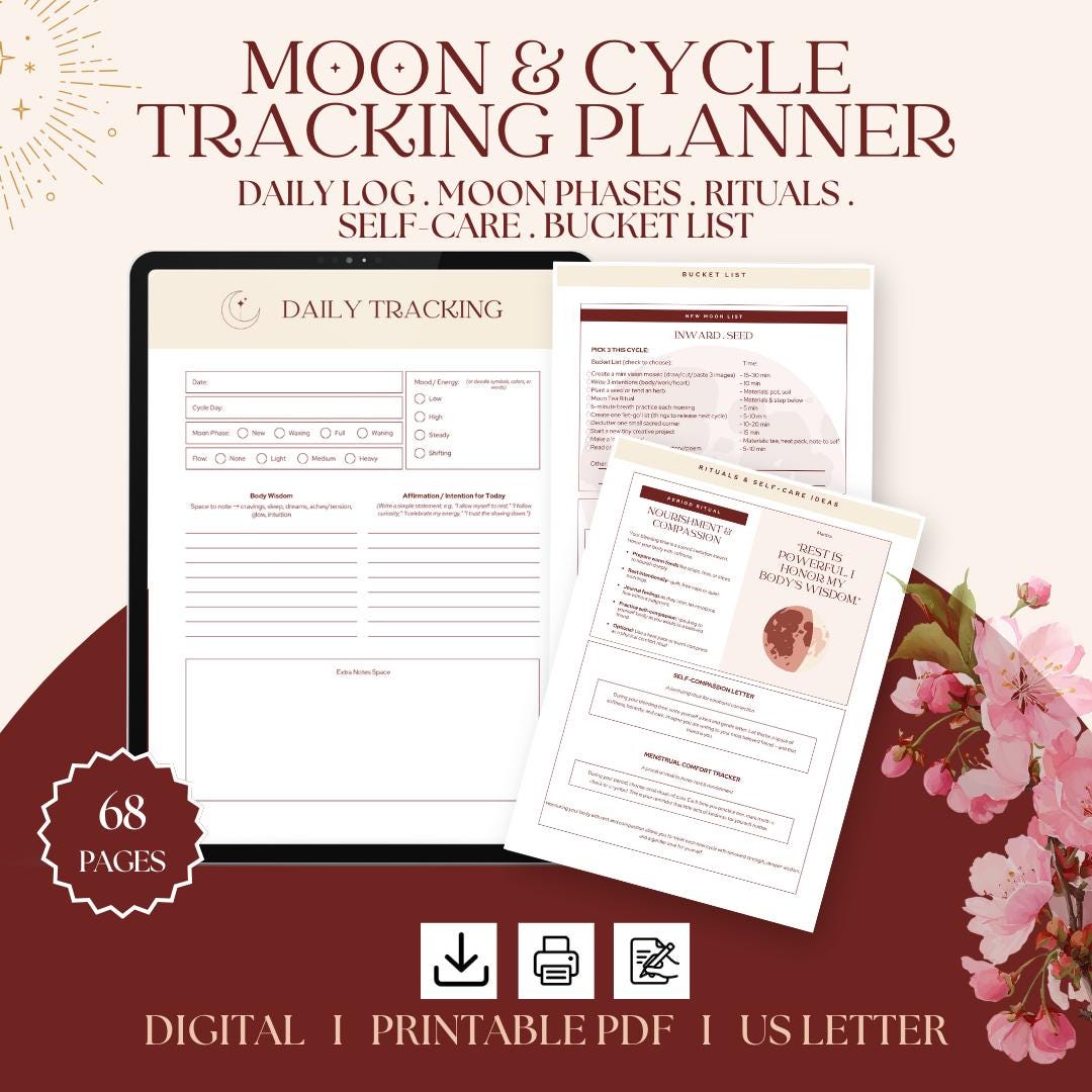 2026 Moon Cycle Tracker, Moon Phase Menstrual Planner, Printable Period ...