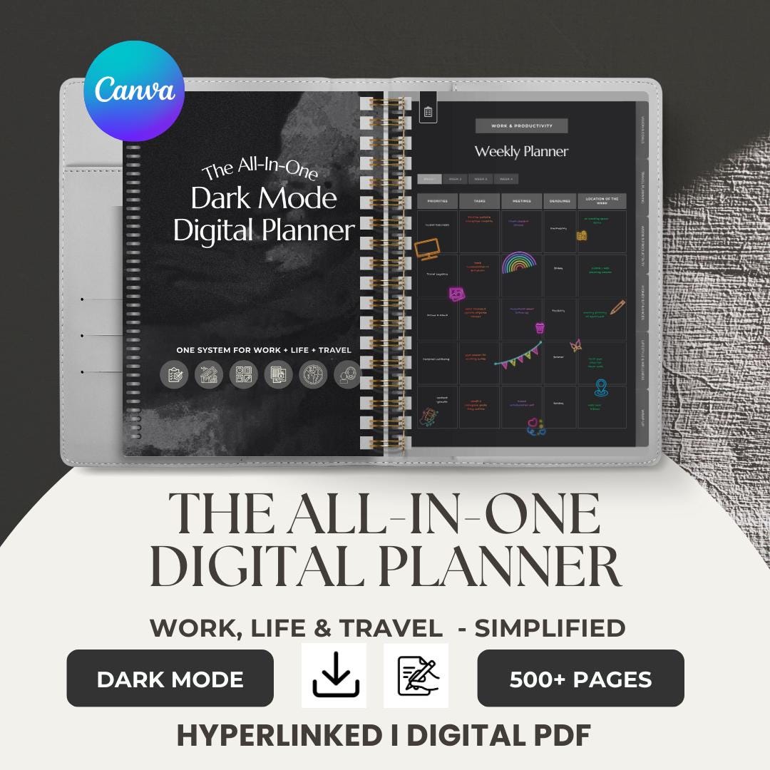 Dark Mode All in One Undated Digital Planner, Ultimate Hyperlinked ...