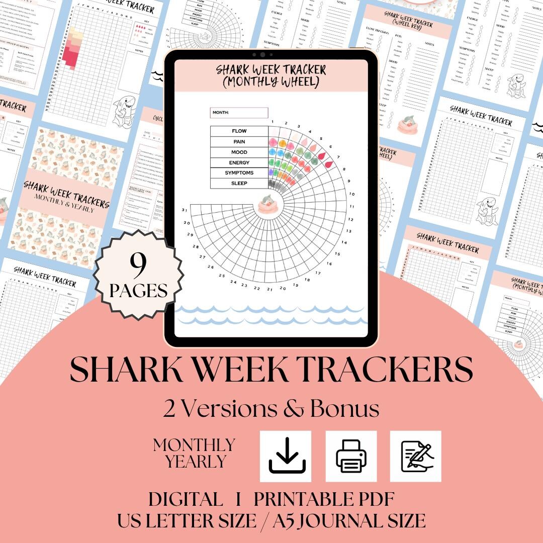 Shark Week Period Tracker, Printable A5 US Journal Page, Bullet Journal ...