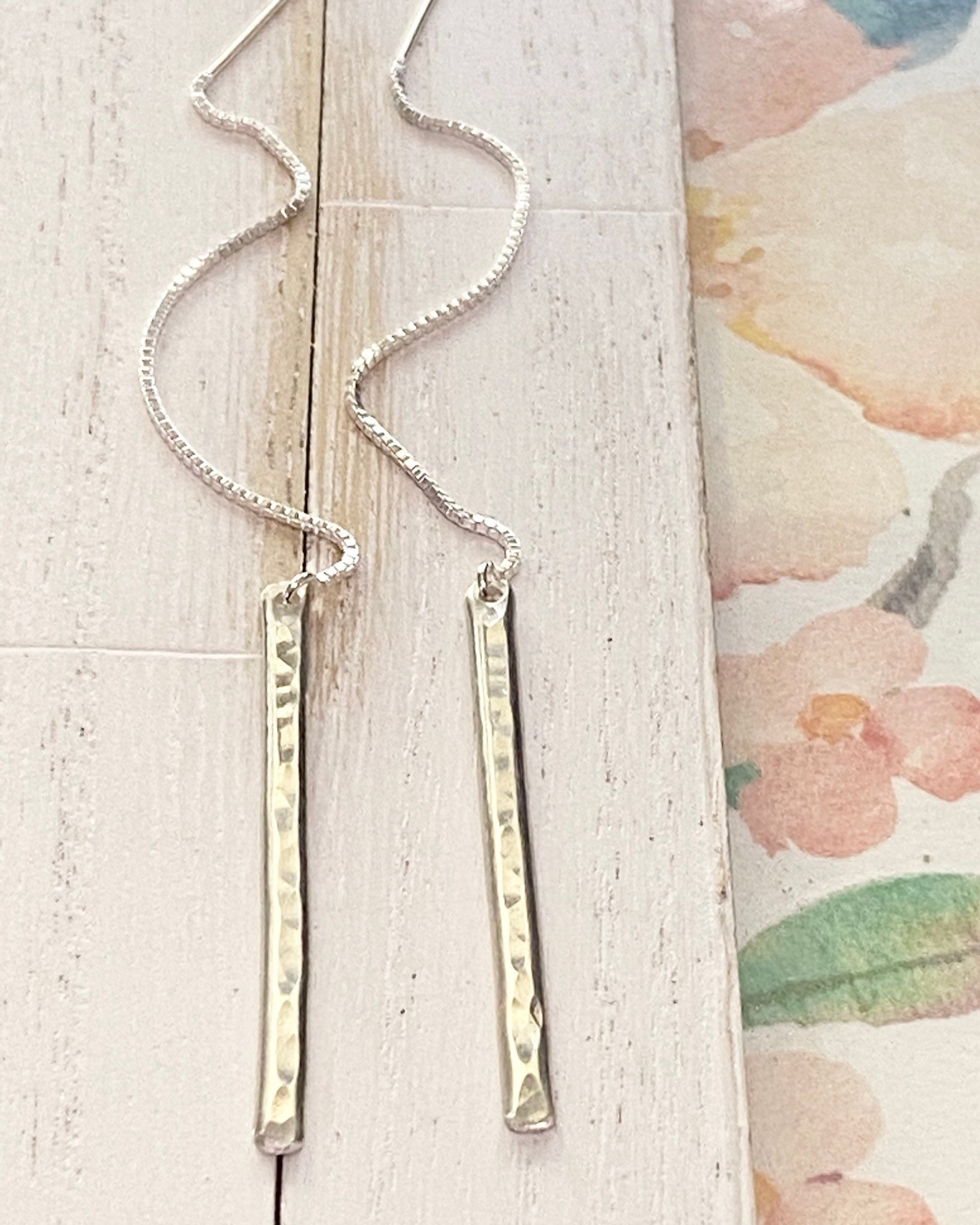 Silver Ear Threads / Hammered Bar Ear Ring / Sterling Threader Earings ...