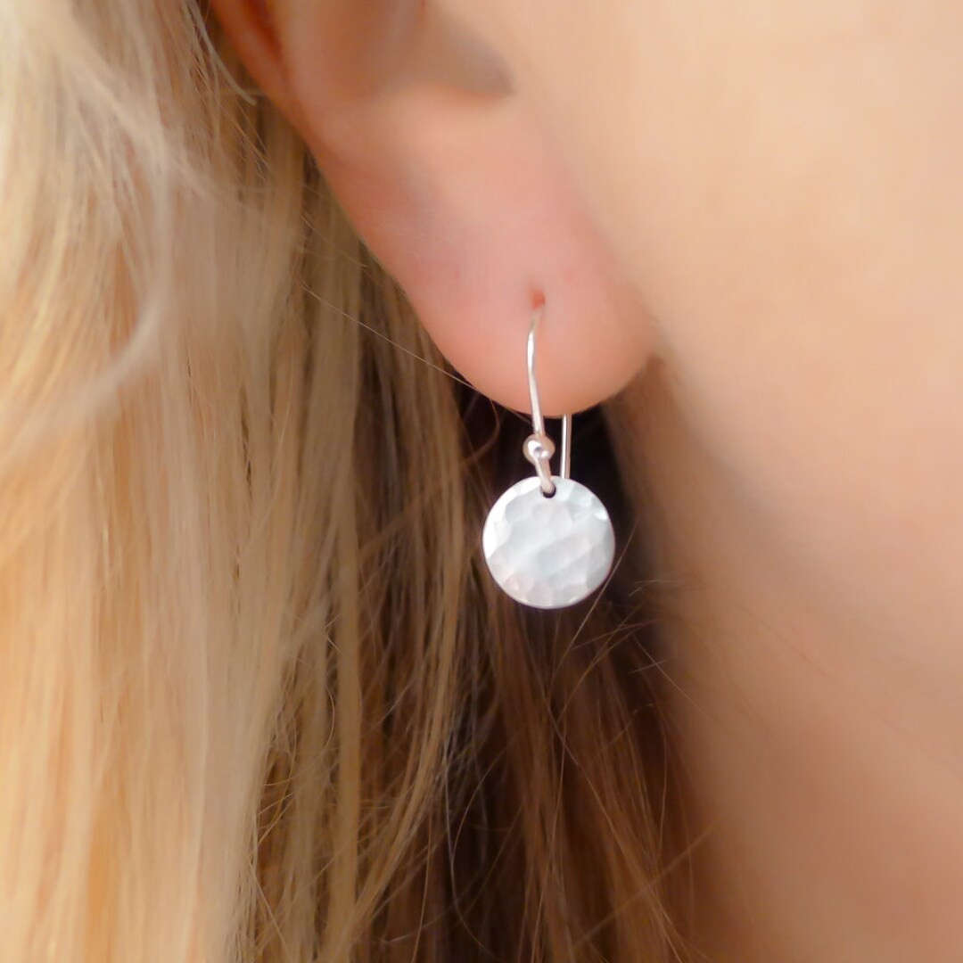 Hammered Disc Earing Silver Dangle Earrings Delicate Minimalist ...