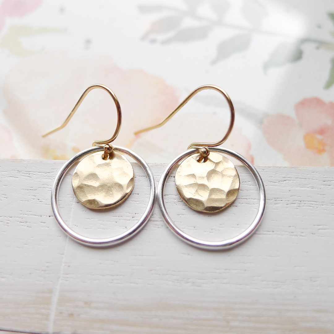 Dangle Earrings | Mixed Metal Earing | Hammered Gold Coin | Silver ...