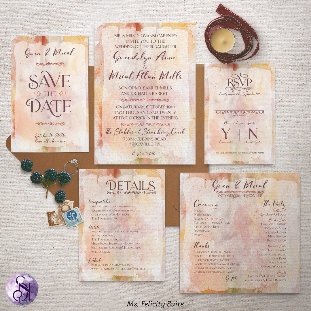 Ms. Felicity | Watercolor Fall Colors Art Wedding Invitation Suite ...