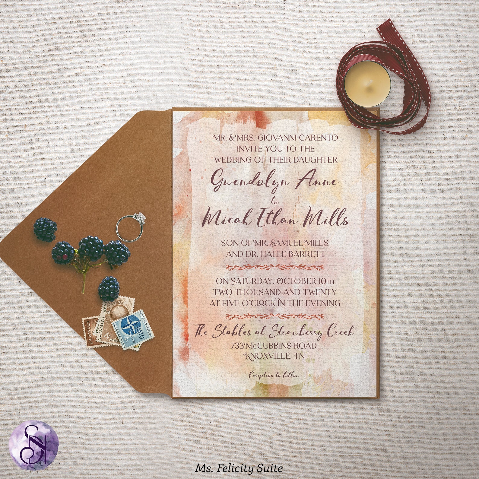 Ms. Felicity | Watercolor Fall Colors Art Wedding Invitation Suite ...