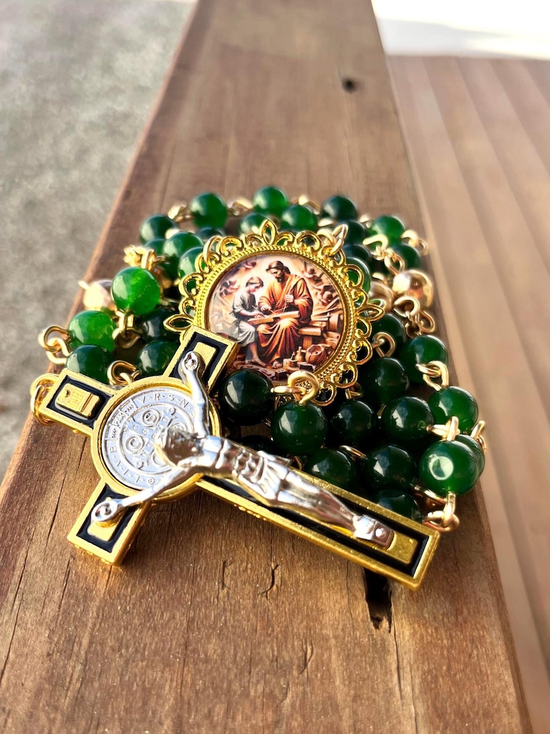 Saint Joseph Rosary: Green & Gold 10MM Beaded, Saint Benedict Crucifix ...