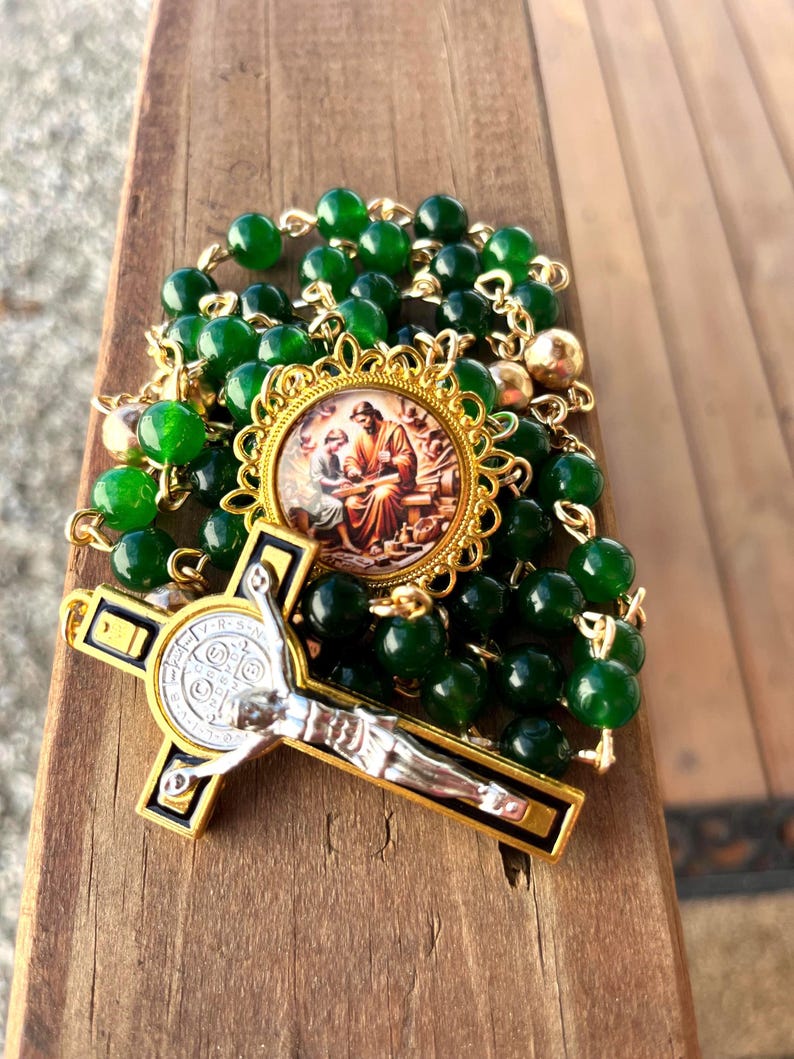 Saint Joseph Rosary: Green & Gold 10MM Beaded, Saint Benedict Crucifix ...