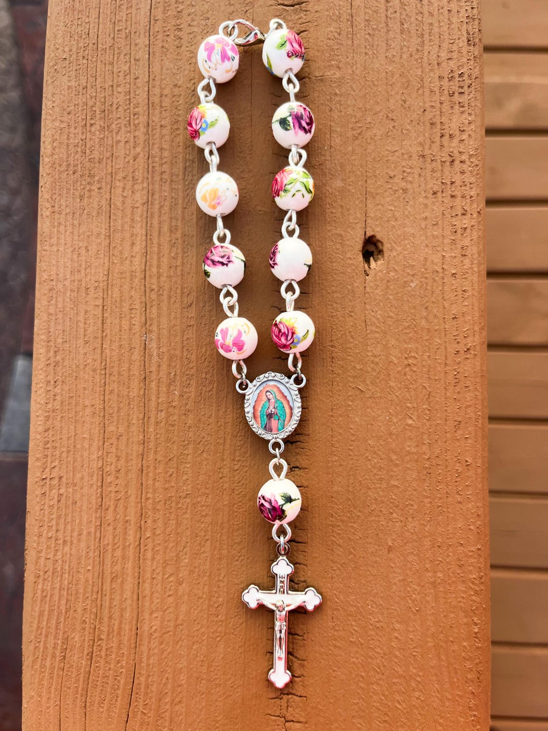 Pink Rose Beaded Auto Rosary: Our Lady of Guadalupe Centerpiece - Etsy