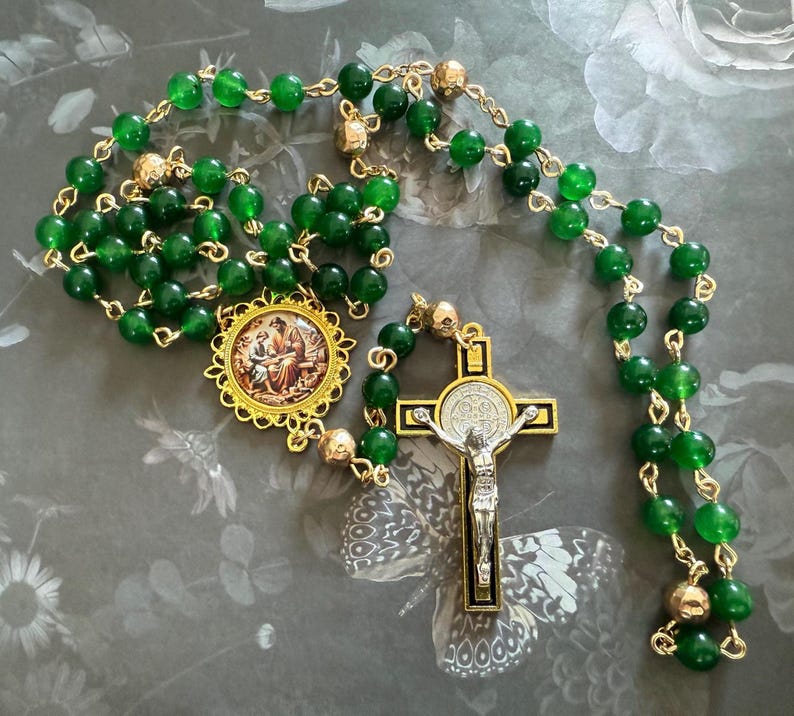 Saint Joseph Rosary: Green & Gold 10MM Beaded, Saint Benedict Crucifix ...