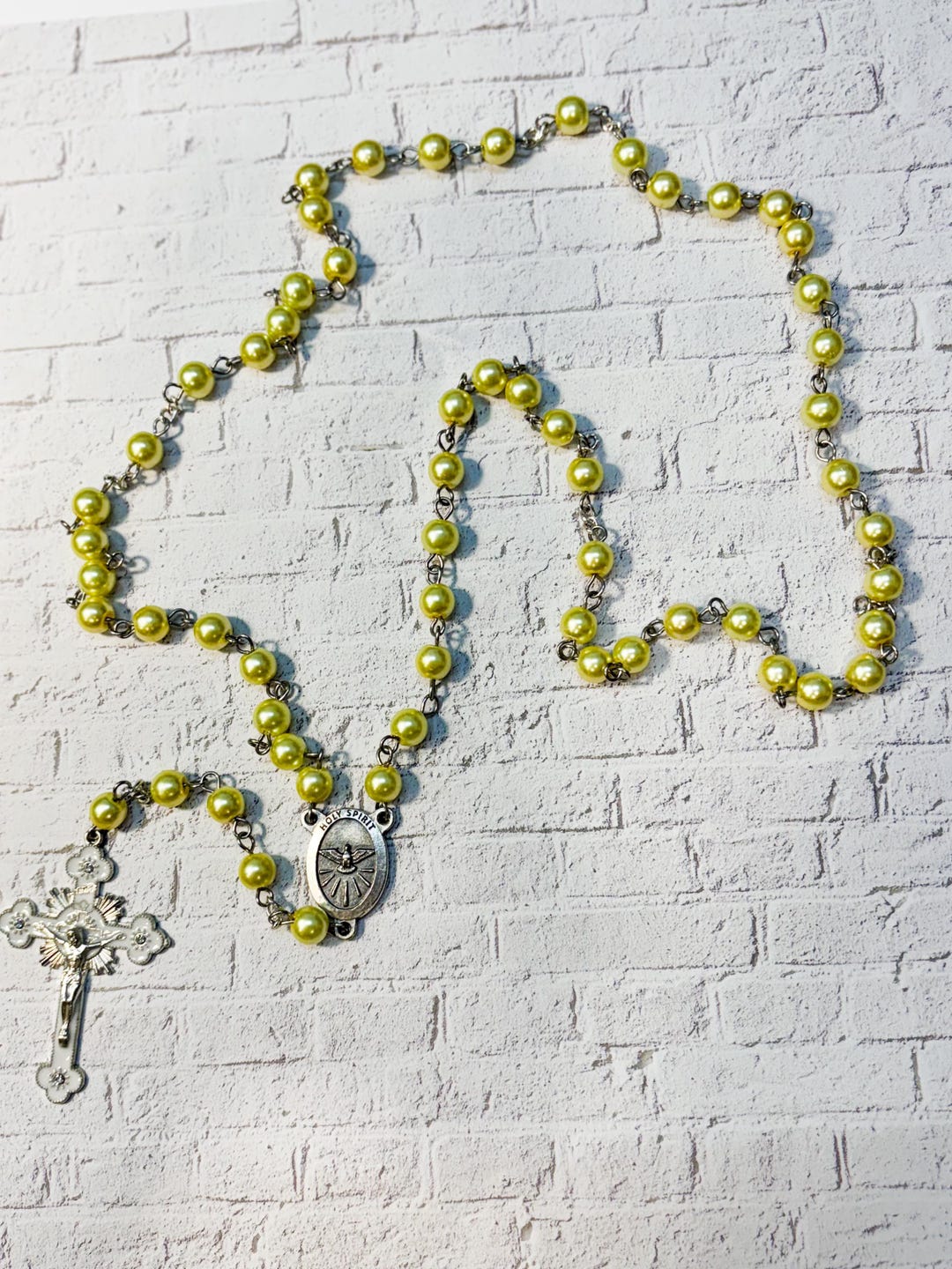 Yellow Pearl Beaded Rosary: Stainless Steel Holy Spirit Centerpiece - Etsy
