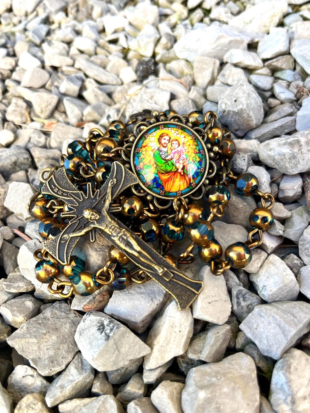 St. Joseph Rosary, Antique Brass and Teal, Heavy Duty, 28 Inch - Etsy
