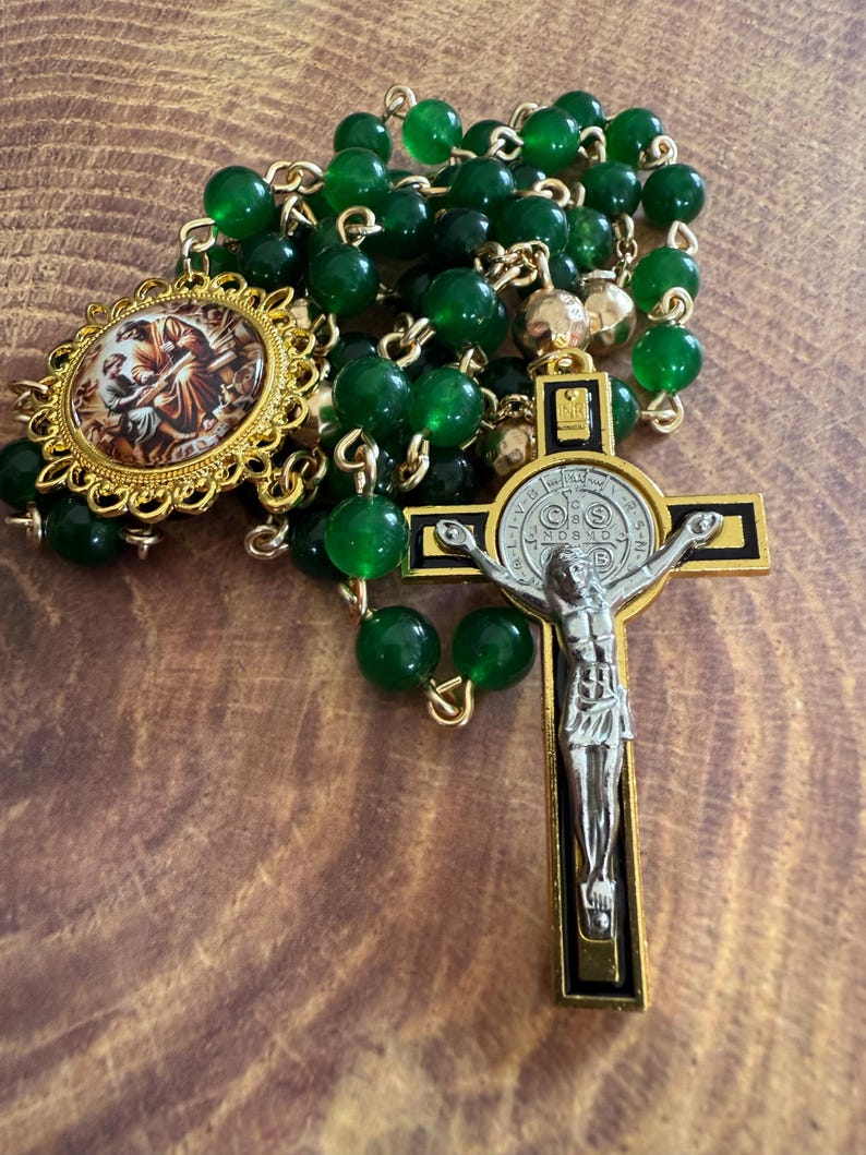 Saint Joseph Rosary: Green & Gold 10MM Beaded, Saint Benedict Crucifix ...
