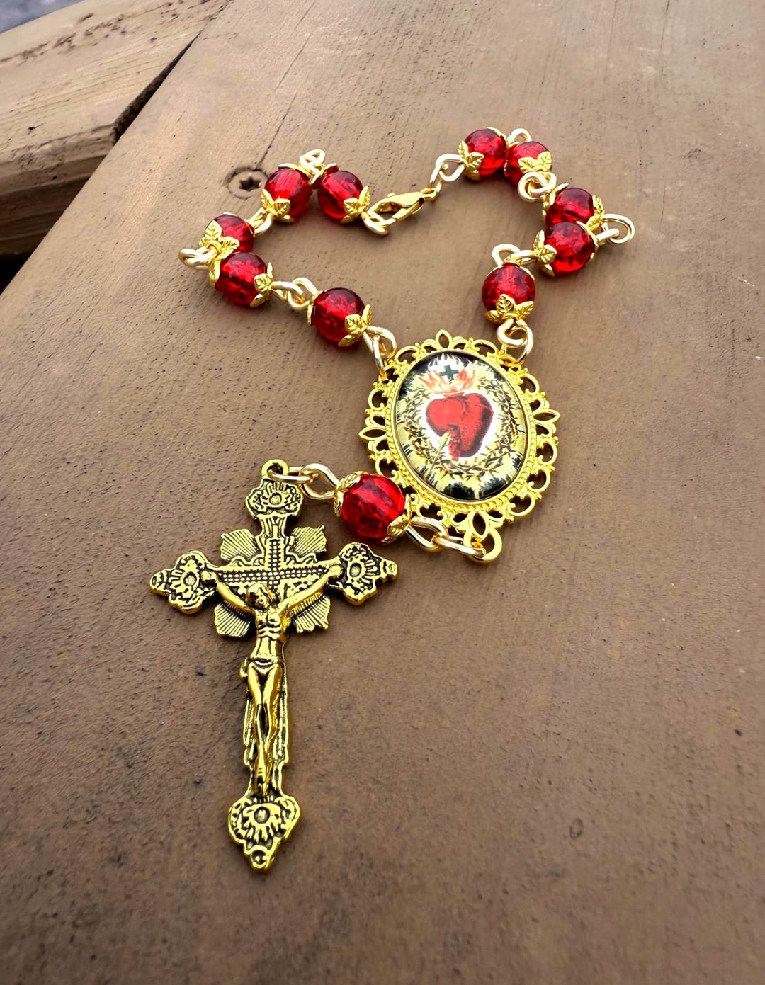 Sacred Heart Car Rosary: Red Sparkling Beads & Gold Accents - Etsy